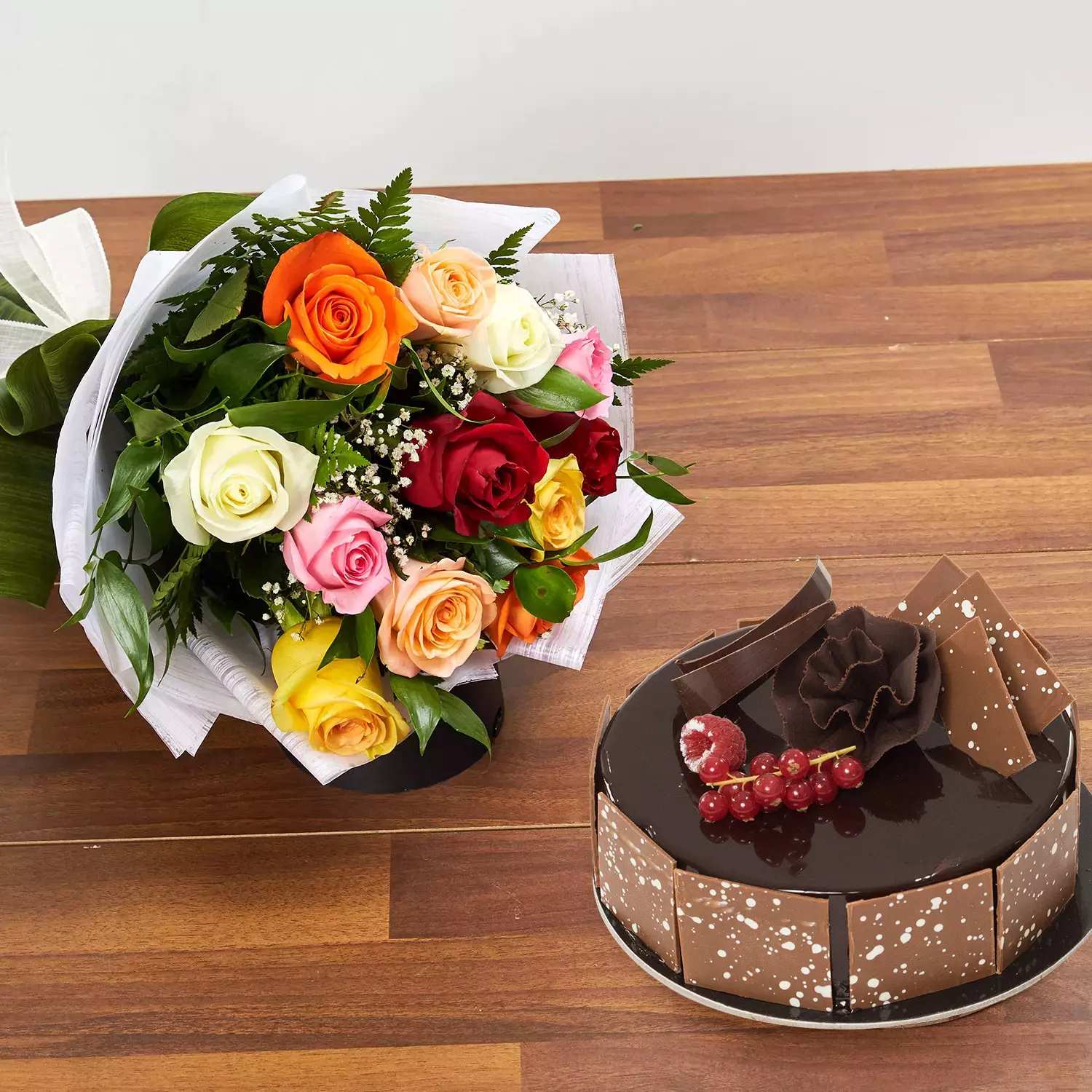 Dozen Multi Roses with Fudge Cake - Giftsome